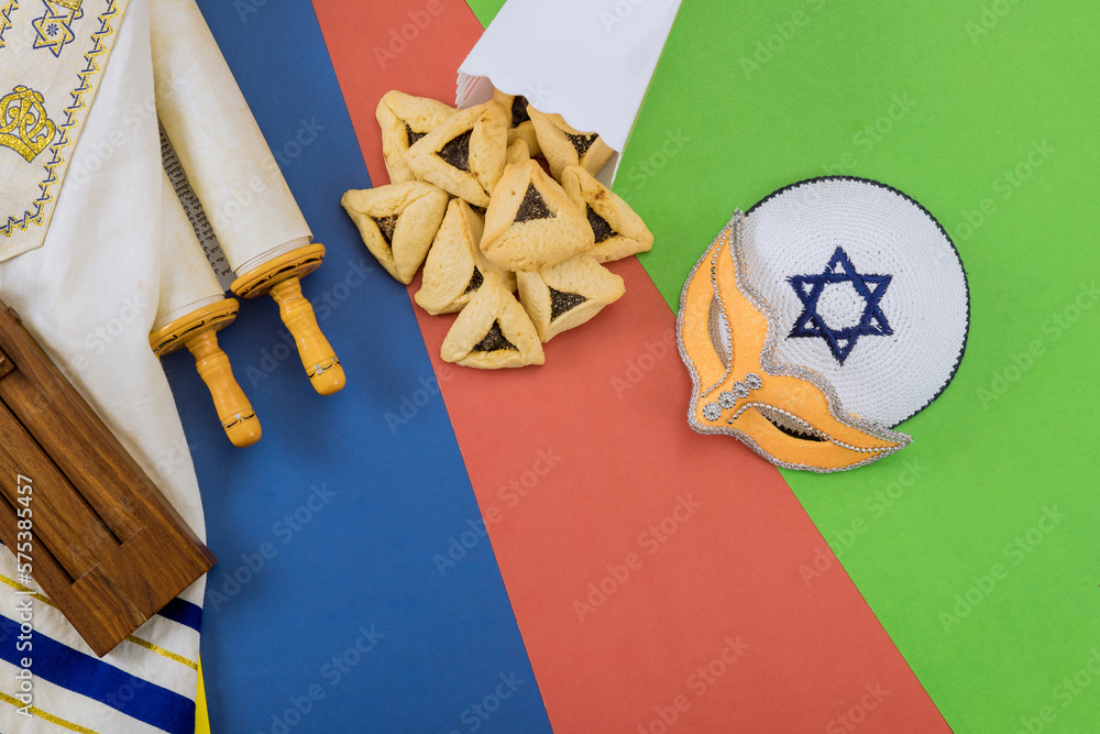 Joyous Jewish holiday celebrated traditionally with hamantaschens ...