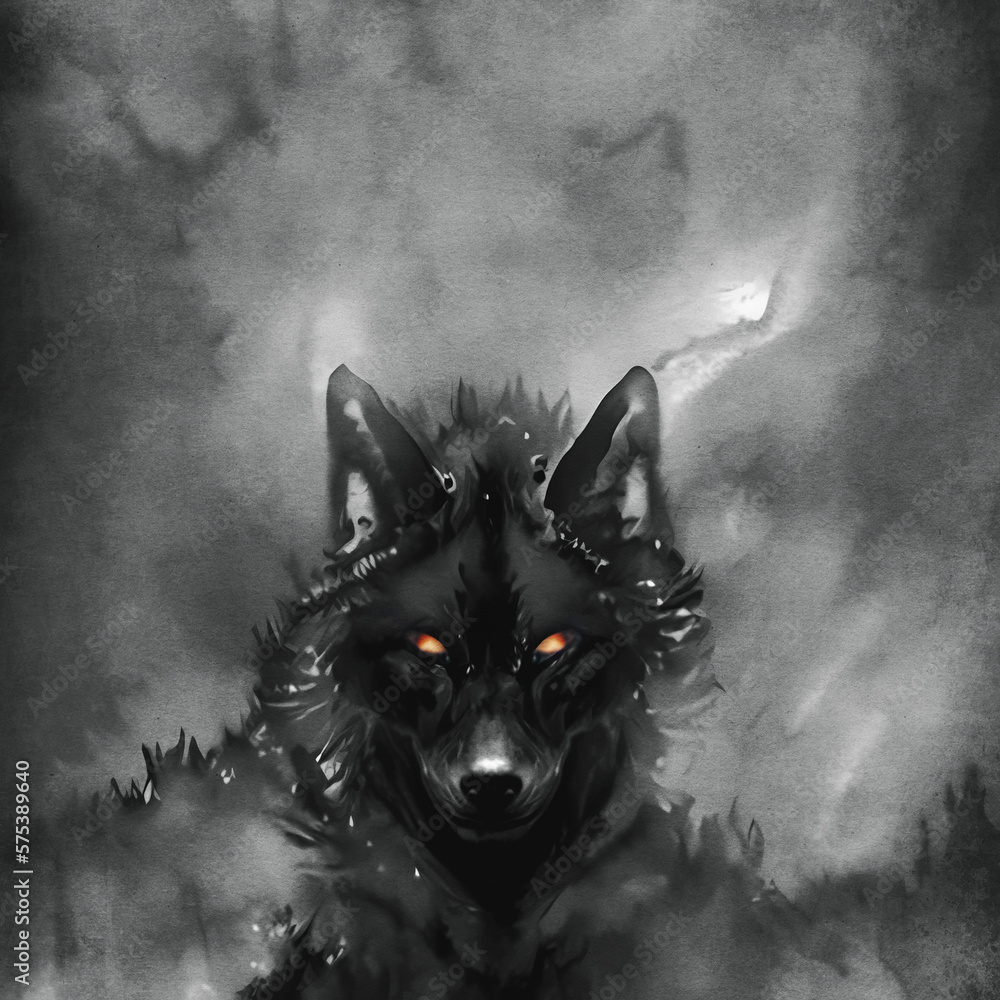 Black Wolf with glowing eyes, mystical fog, demonic essence Stock ...