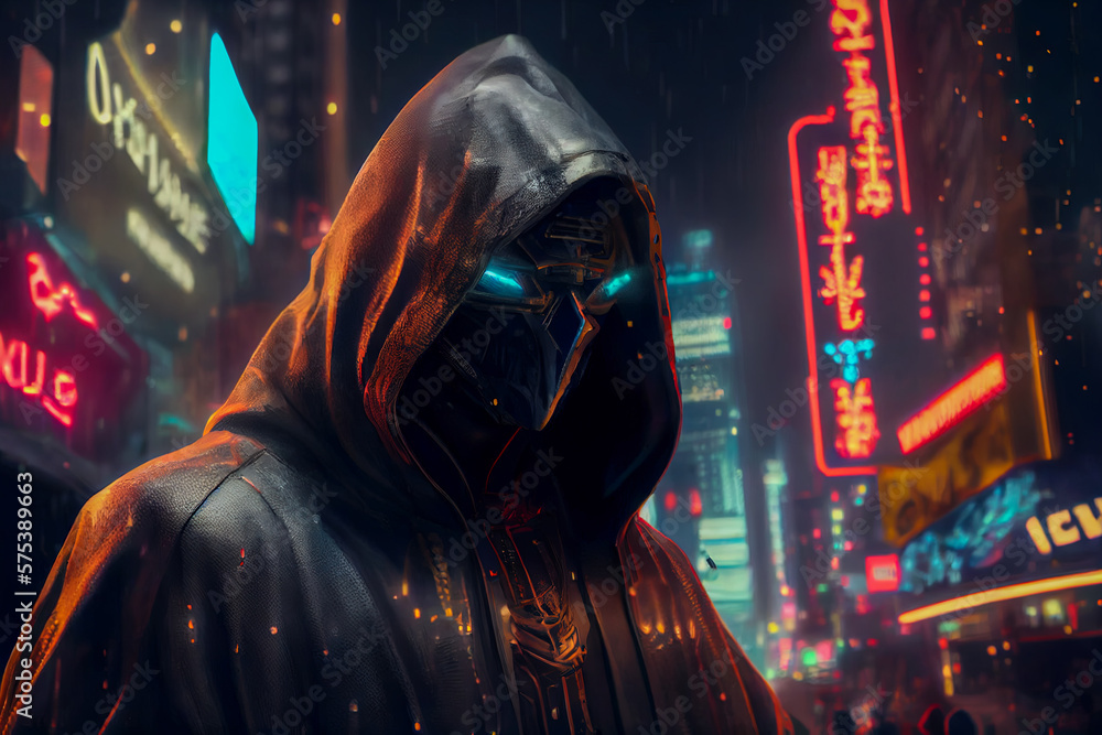 cyberpunk male cyborg with a hidden face on the street of the ...
