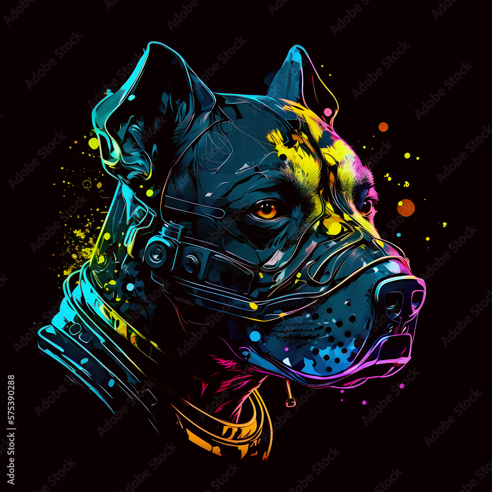 Stylized close-up portrait of a pit bull breed dog wearing muzzle ...