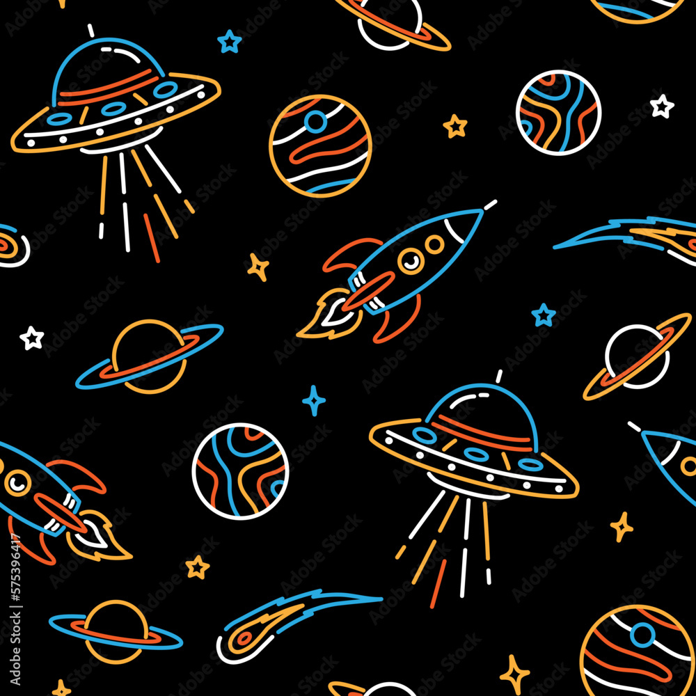Hand-drawn space elements seamless pattern. Space background. Space ...