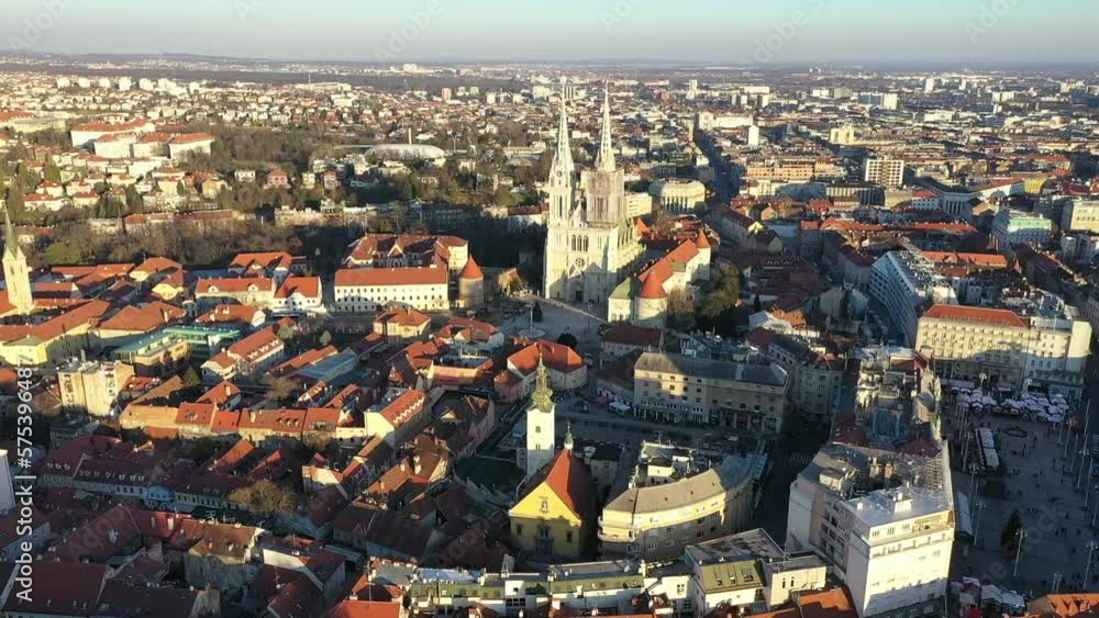 Main square and historic old city center in Zagreb. Zagreb Cathedral in ...