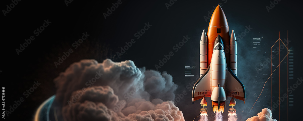 Space rocket launch, background graphs and data, banner with copy space ...