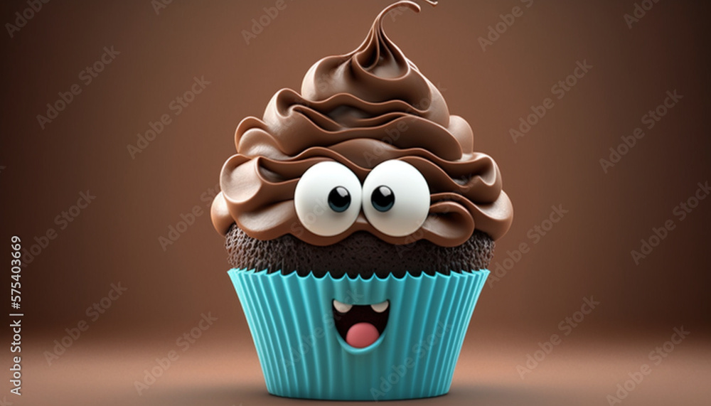 Cute cartoon chocolate cream cupcake, fluffy cartoon cupcake, very ...