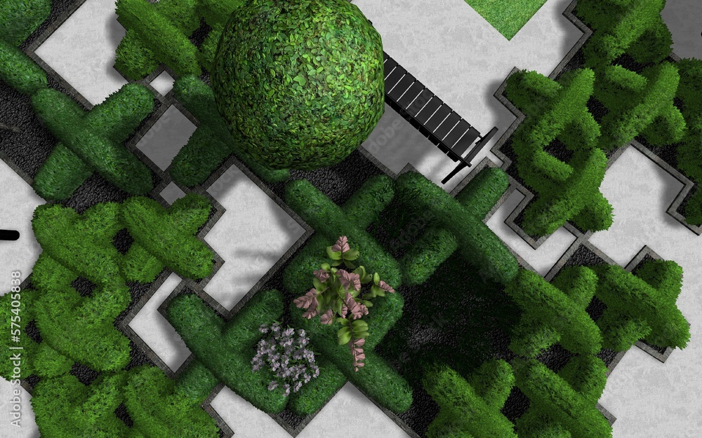 3D illustration of modern landscape architecture. Modular garden with ...