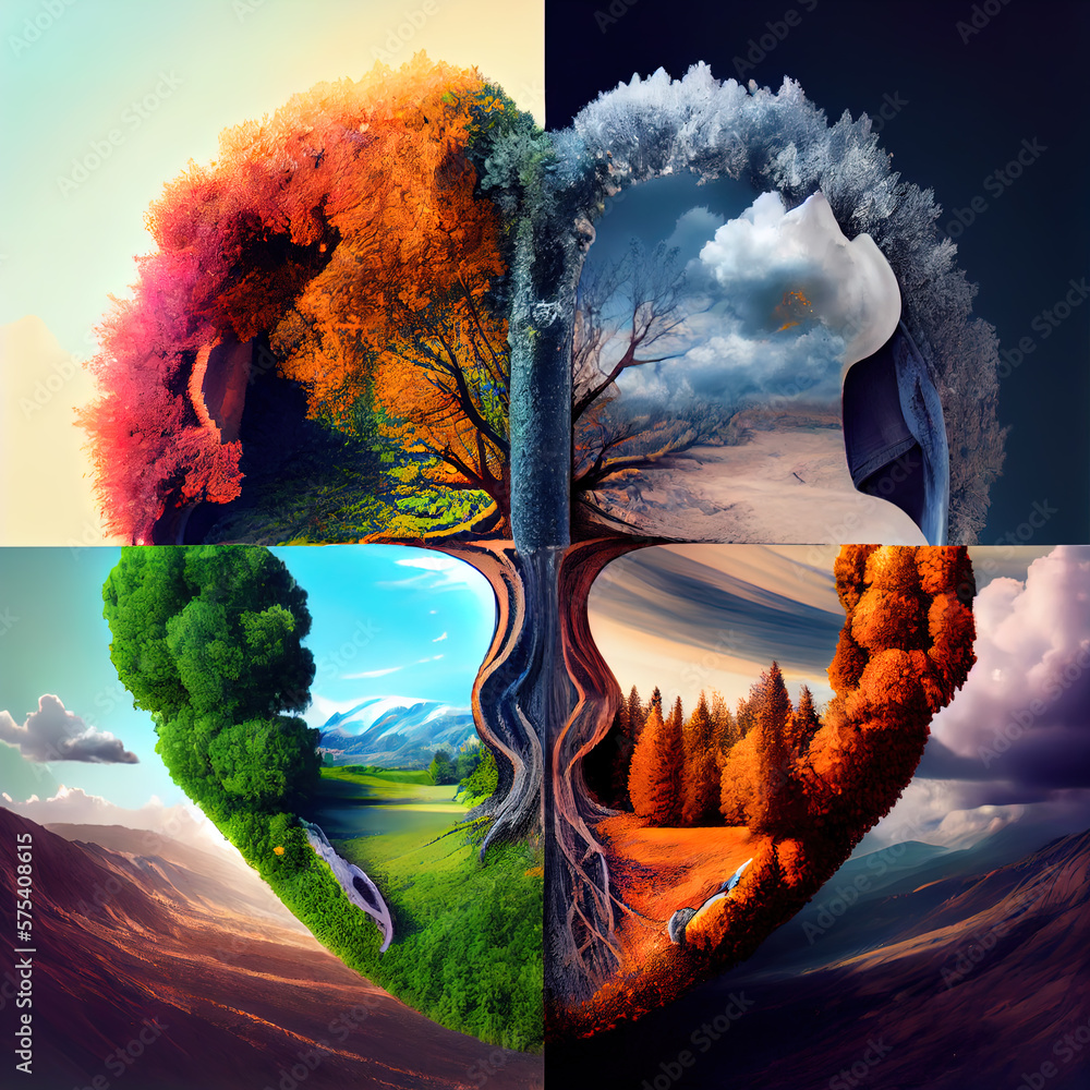 4 seasons in a day, illustration of a tree in all 4 stages of life, ai ...