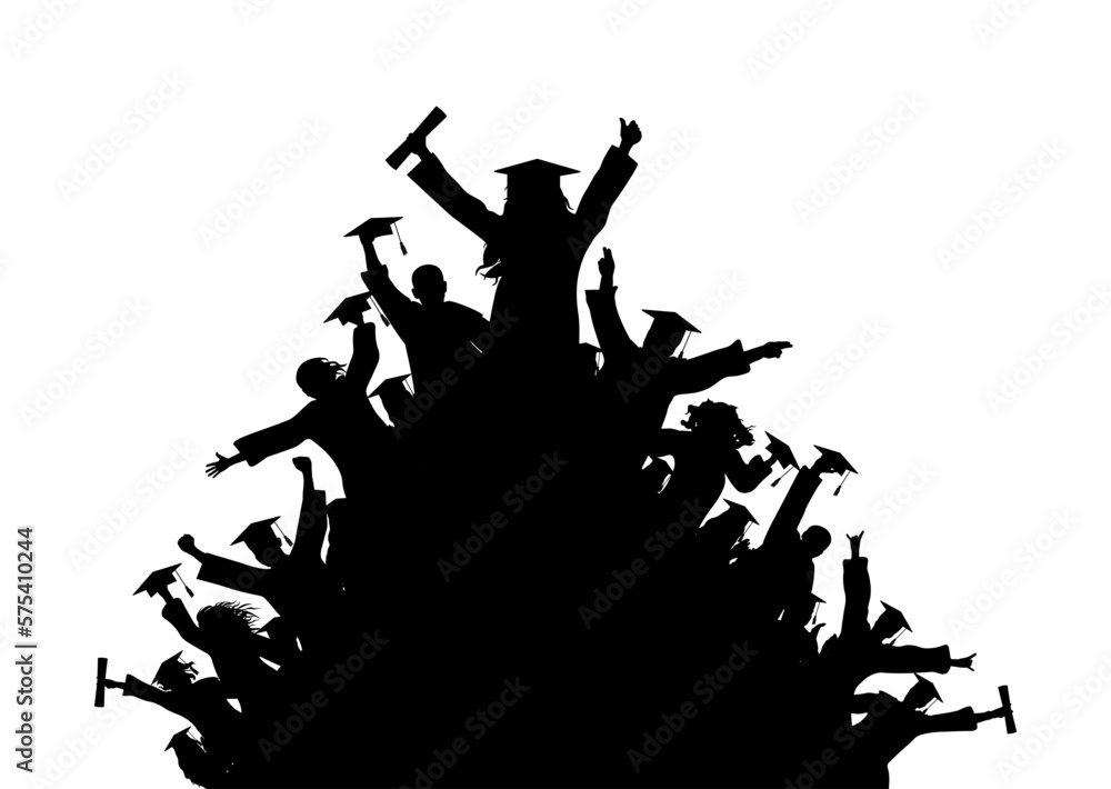 Happy crowd of graduates in square academic caps. Cheerful people ...