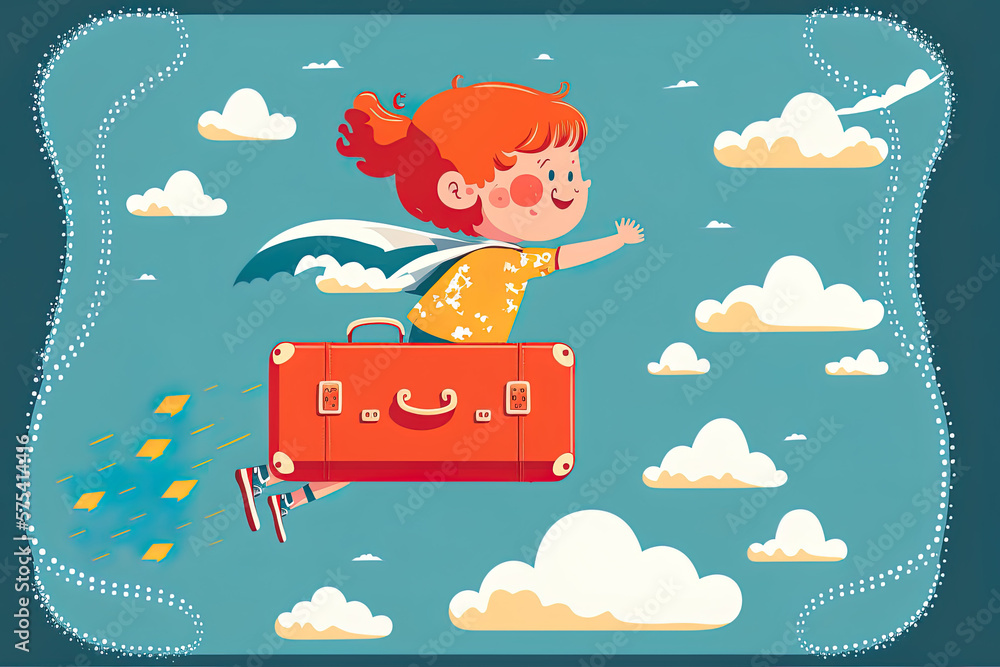 Kind fliegt mit einem Reisekoffer in die Luft als Symbol für Urlaub ...