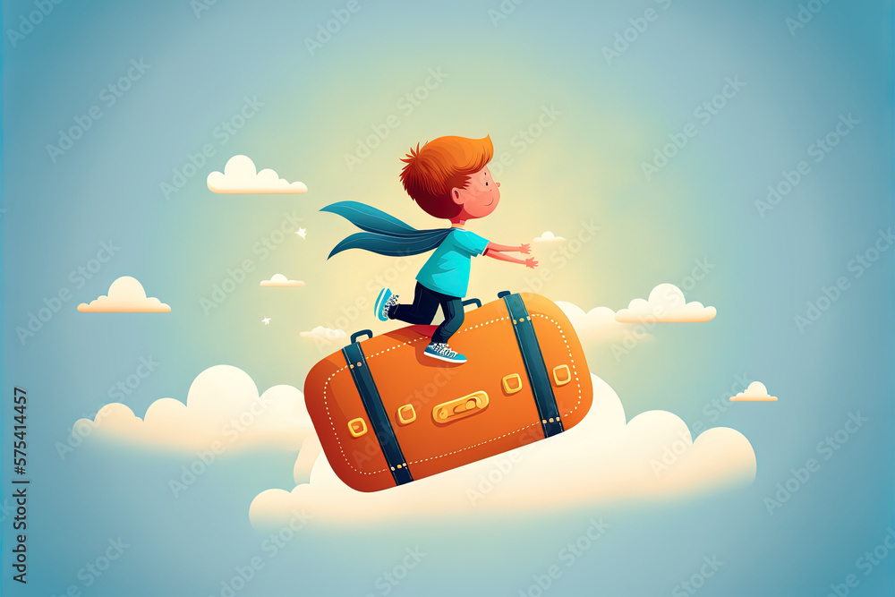 Kind fliegt mit einem Reisekoffer in die Luft als Symbol für Urlaub ...