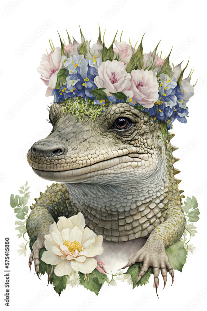 Baby alligator with a crown of flowers isolated on a white background ...