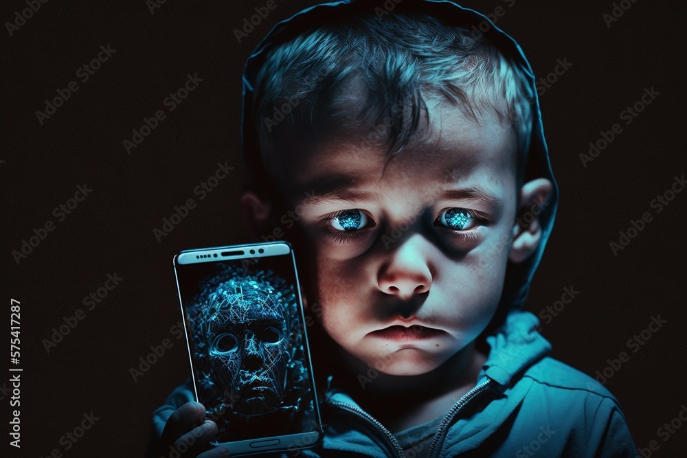 Boy alone and scared in the dark of his room with a mobile.Ai generated ...