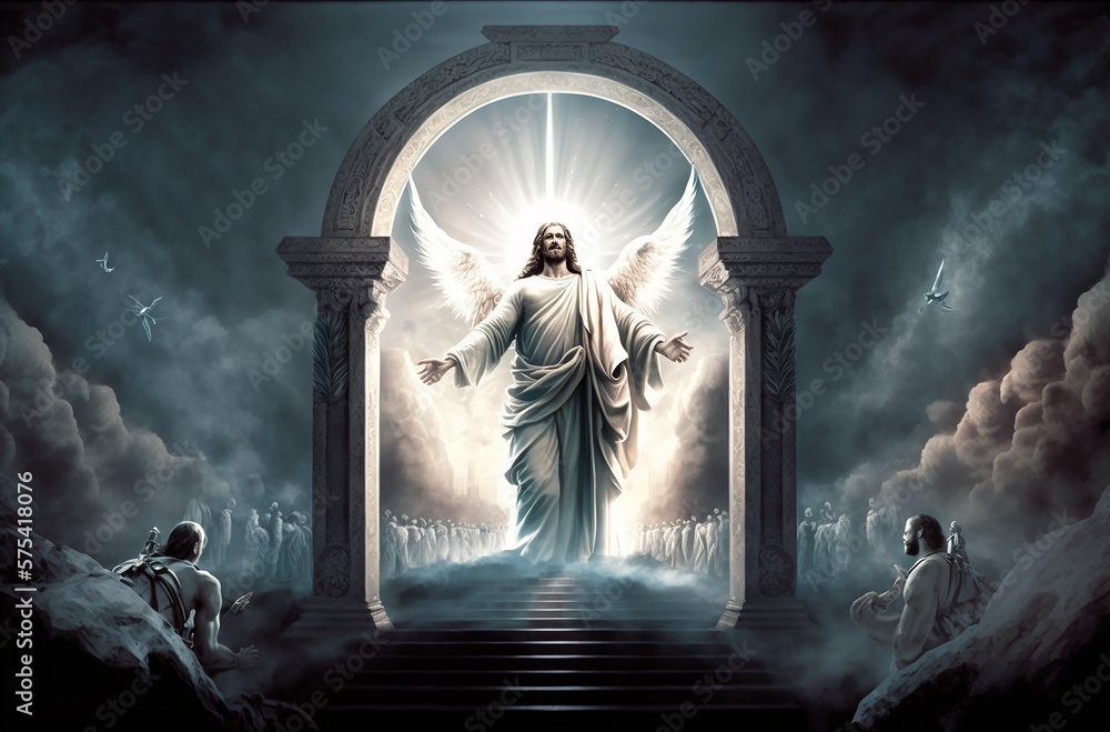 Watercolour drawing of Jesus at the gates of Light to Heavenly Sky ...