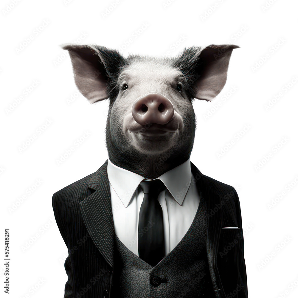 Portrait of a pig dressed in a formal business suit on white background ...