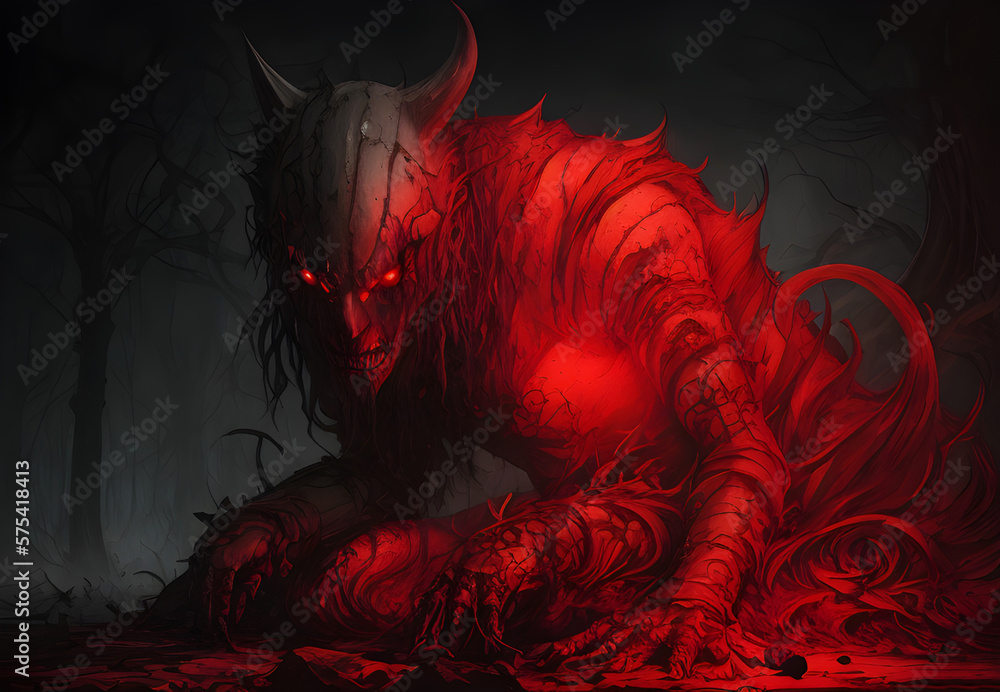 Bloody vampire ghoul horror creature in helmet on dark cave background. Generative AI. Stock ...