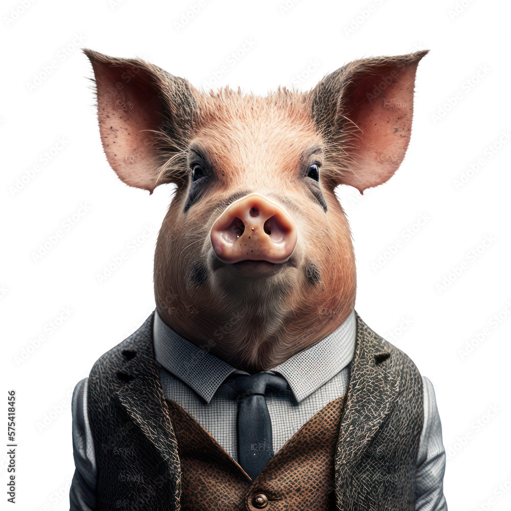 Portrait of a pig dressed in a formal business suit on white background ...