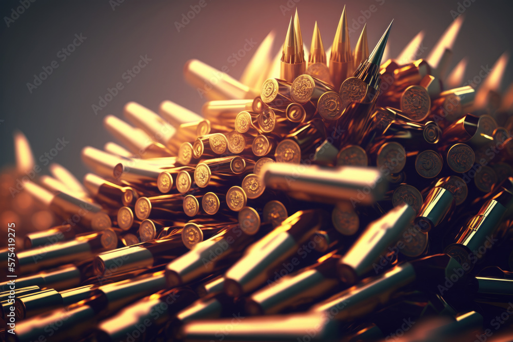 Pile of machine gun bullets. Weapon and army industry concept. AI ...