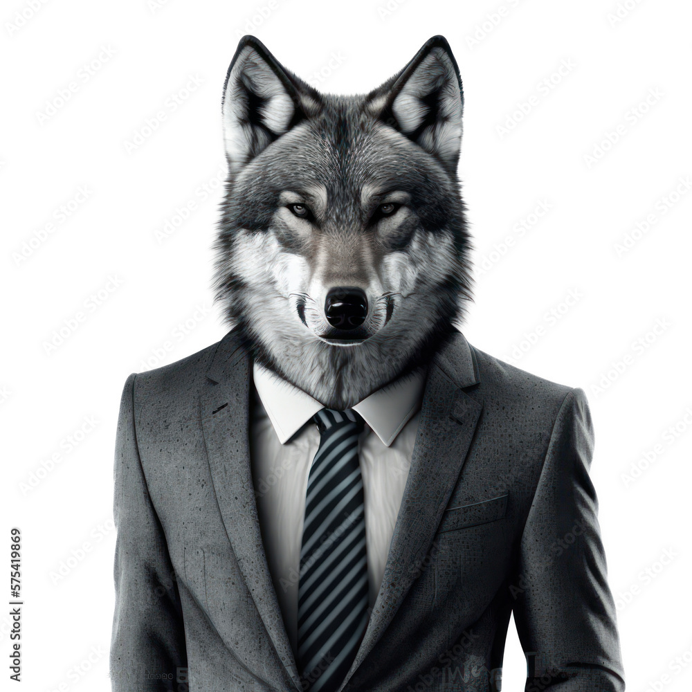 Portrait of a wolf dressed in a formal business suit on white ...