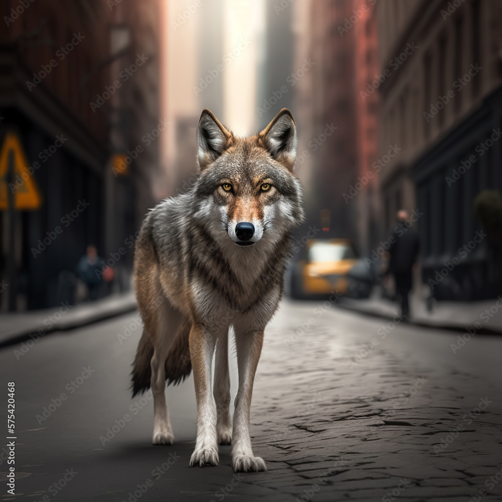 AI generated wolf in city street looking at camera Stock Illustration ...