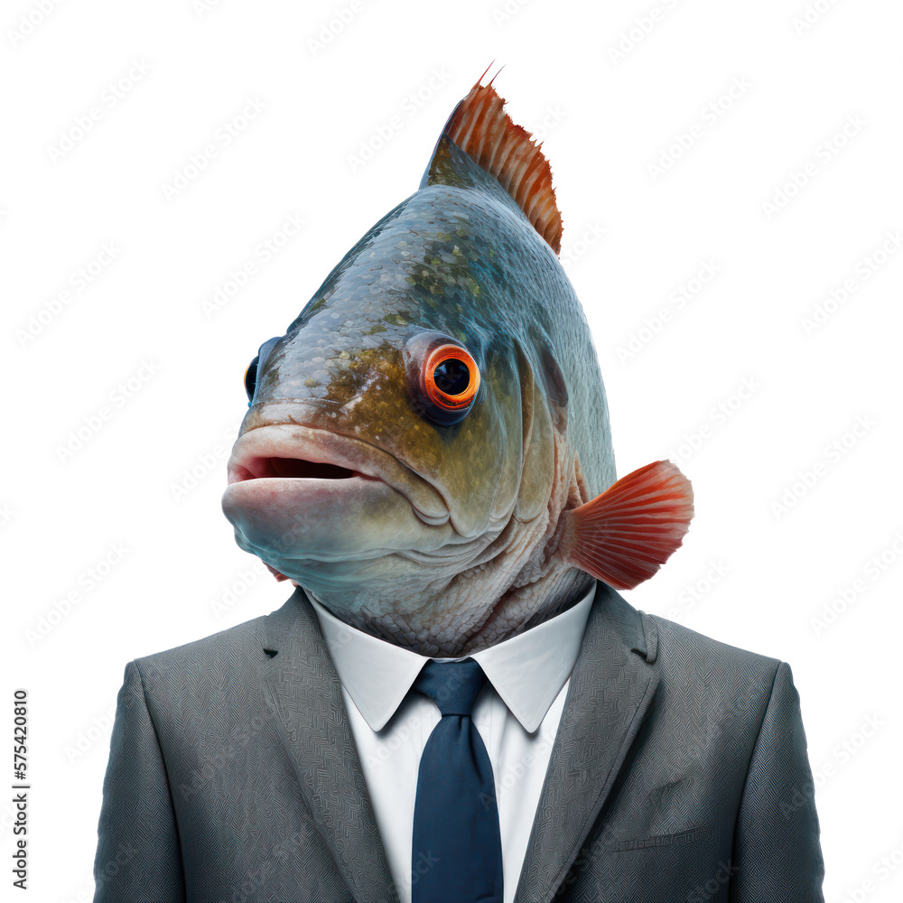 Portrait of a fish dressed in a formal business suit on white ...
