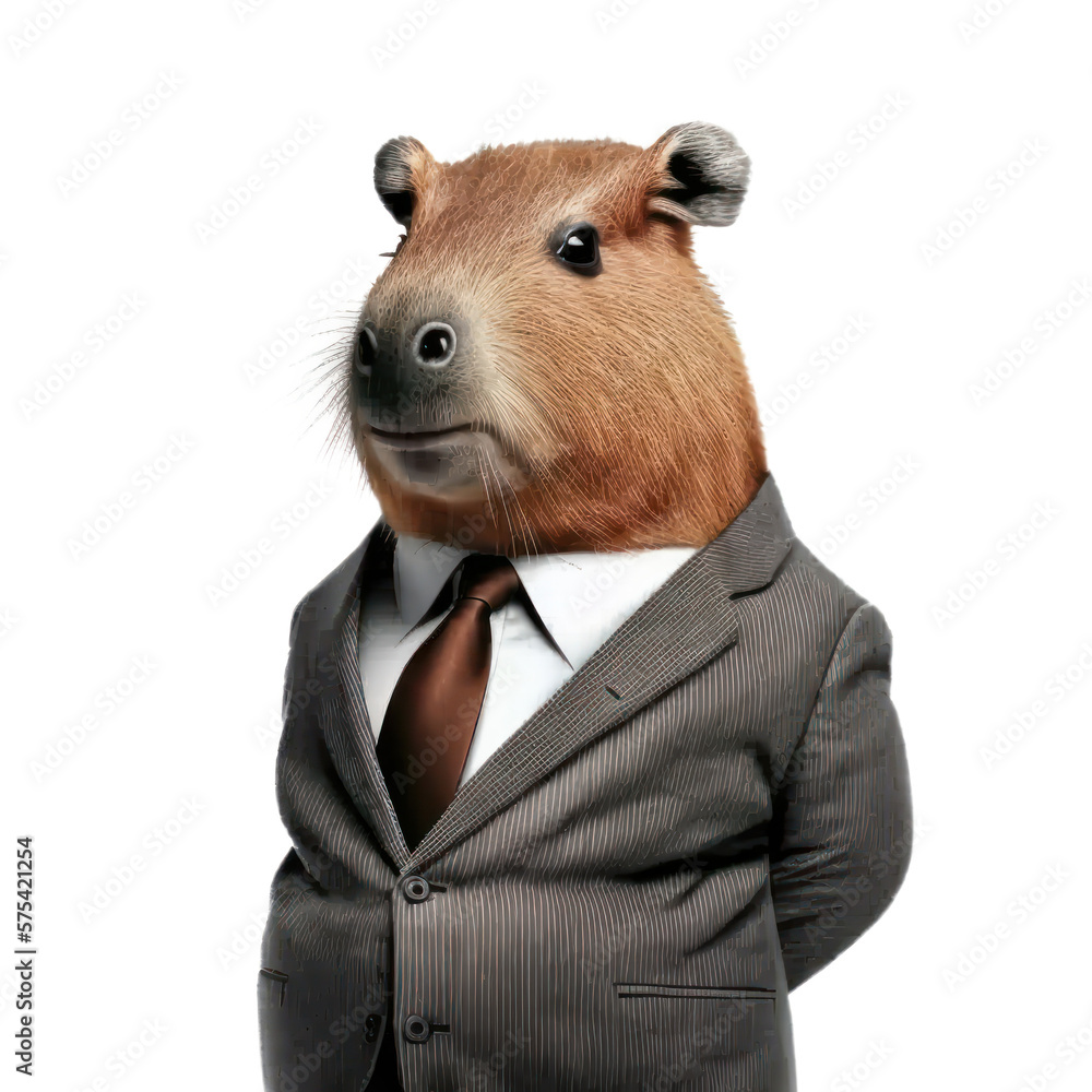 Portrait of a capybara dressed in a formal business suit on white ...