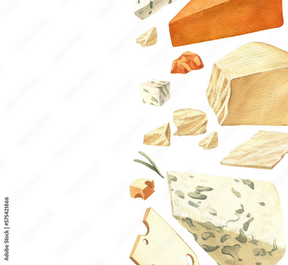 Watercolor different cheese frame template. Hand draw card background ...