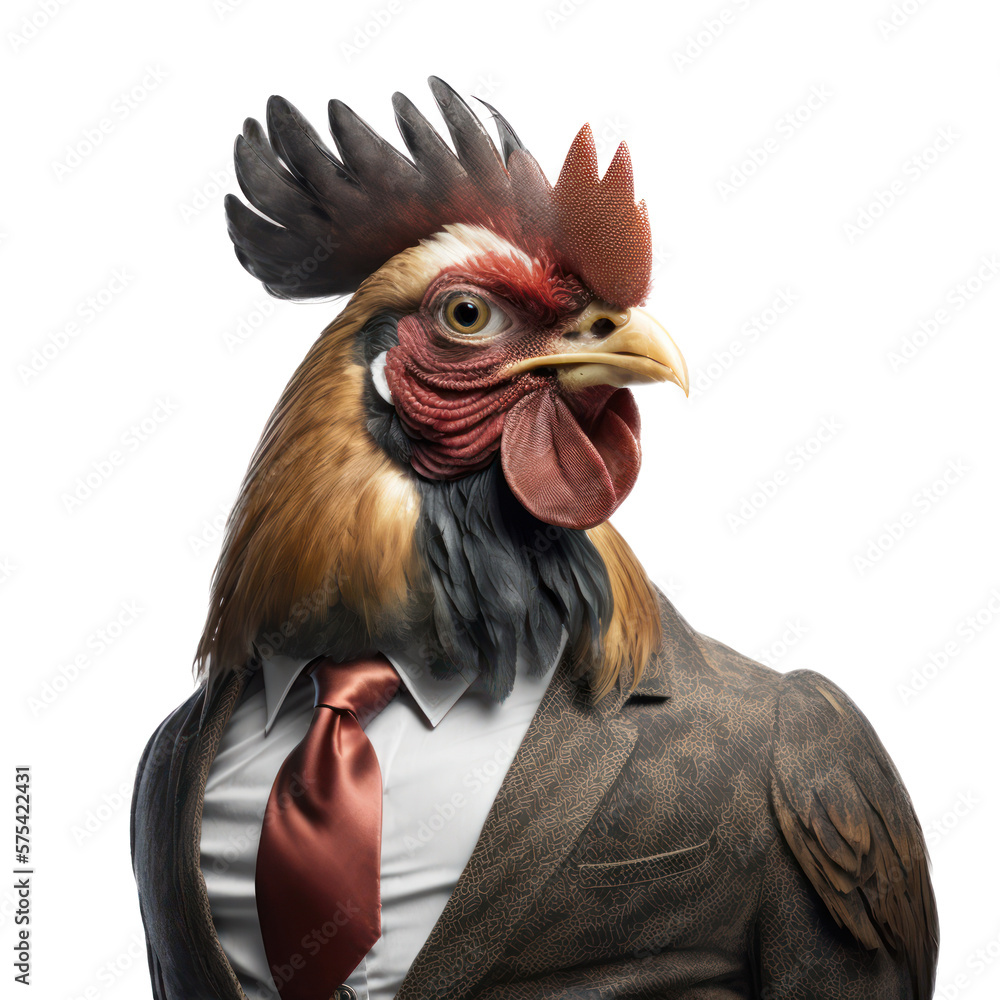 Portrait of a rooster dressed in a formal business suit on white ...