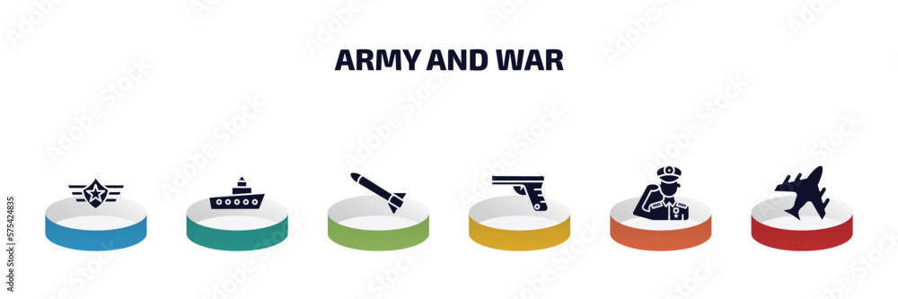 army and war infographic element with filled icons and 6 step or option ...