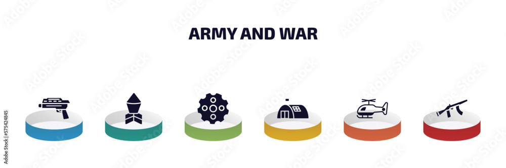 army and war infographic element with filled icons and 6 step or option ...