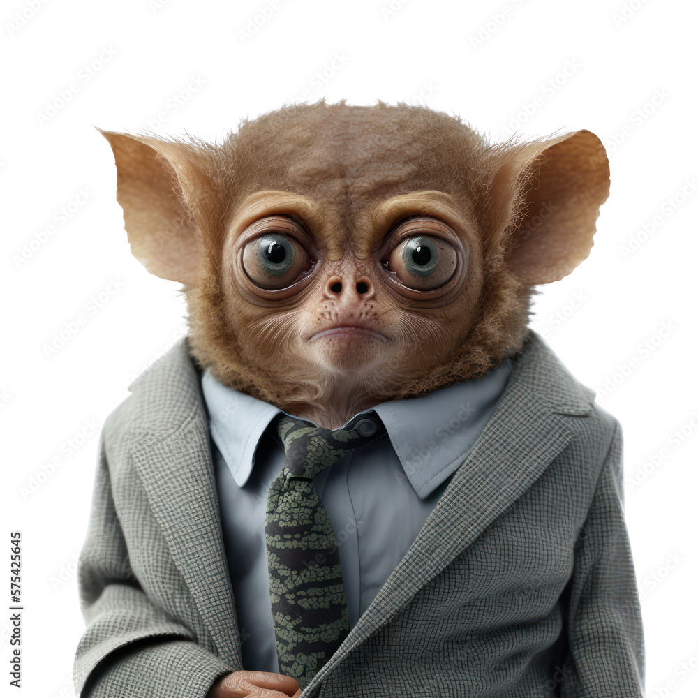 Portrait of a tarsier dressed in a formal business suit on white ...
