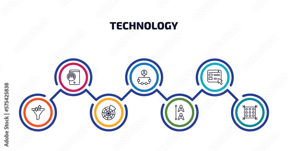 technology infographic element with outline icons and 7 step or option ...