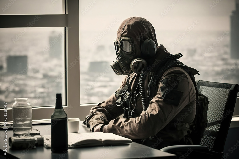 Man in a gas mask sitting in the office,created with Generative AI ...