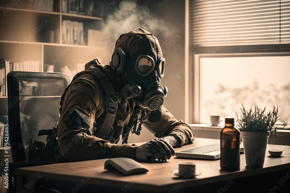 Man in a gas mask sitting in the office,created with Generative AI ...