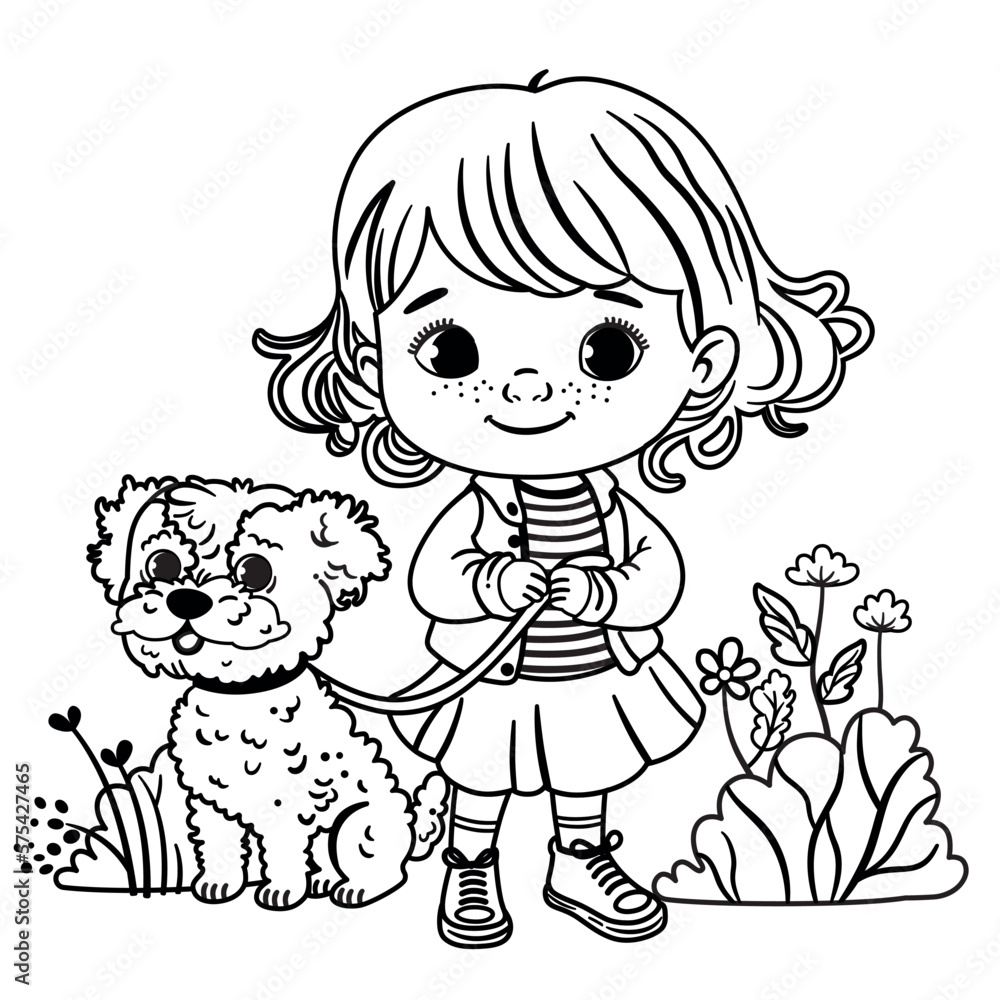 A girl and her dog are standing in a garden. Black and white vector ...