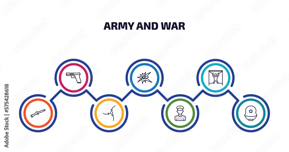 army and war infographic element with outline icons and 7 step or ...