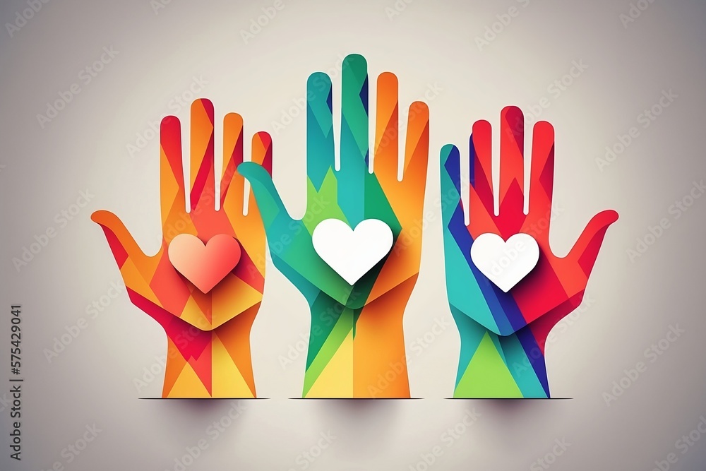 Colorful hands with heart on a light background. Volunteering Symbol ...