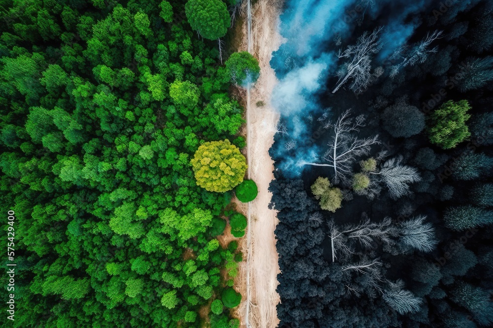 Deforest environmental problem, aerial split image from above top view ...