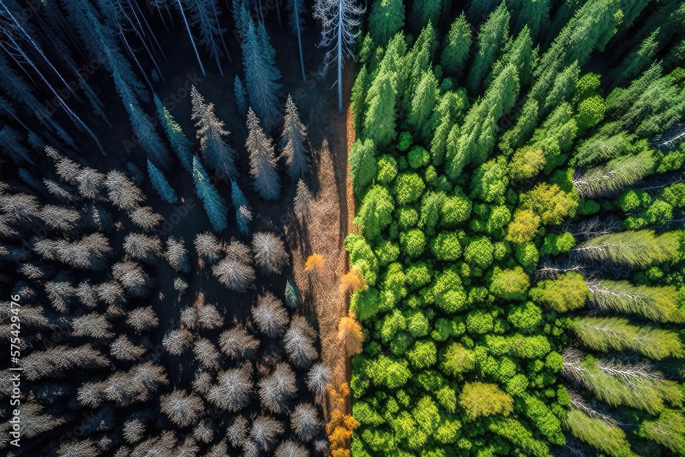 Deforest environmental problem, aerial split image from above top view ...