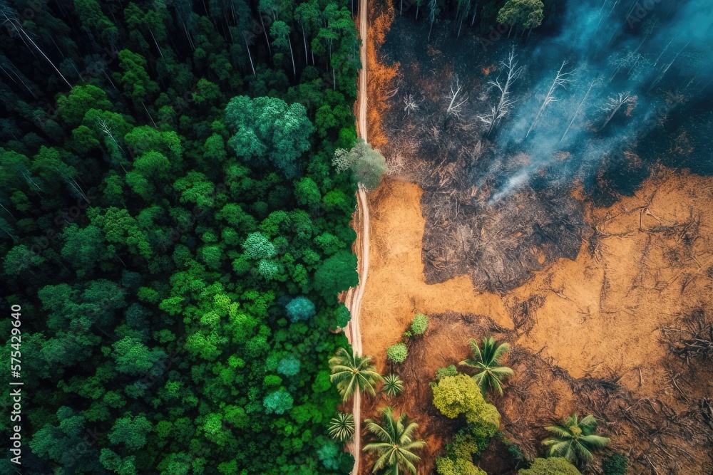Deforest environmental problem, aerial split image from above top view ...