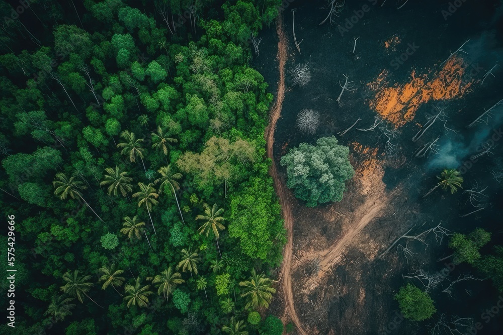 Deforest environmental problem, aerial split image from above top view,logging of rain forest ...