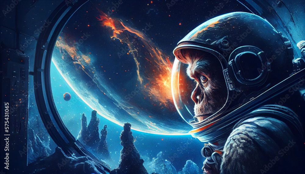 Ilustrace „Chimpancé o simio con traje de astronauta en un entorno de ...