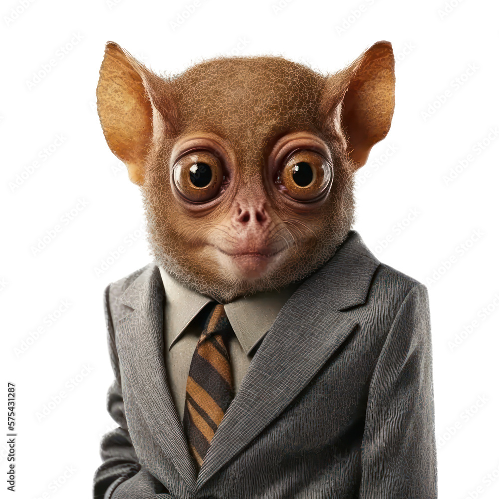 Portrait of a tarsier dressed in a formal business suit on white ...