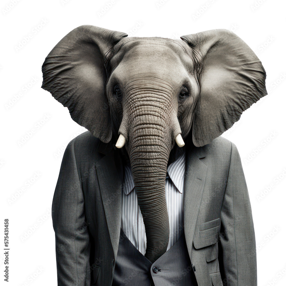 Portrait of a elephant dressed in a formal business suit on white ...