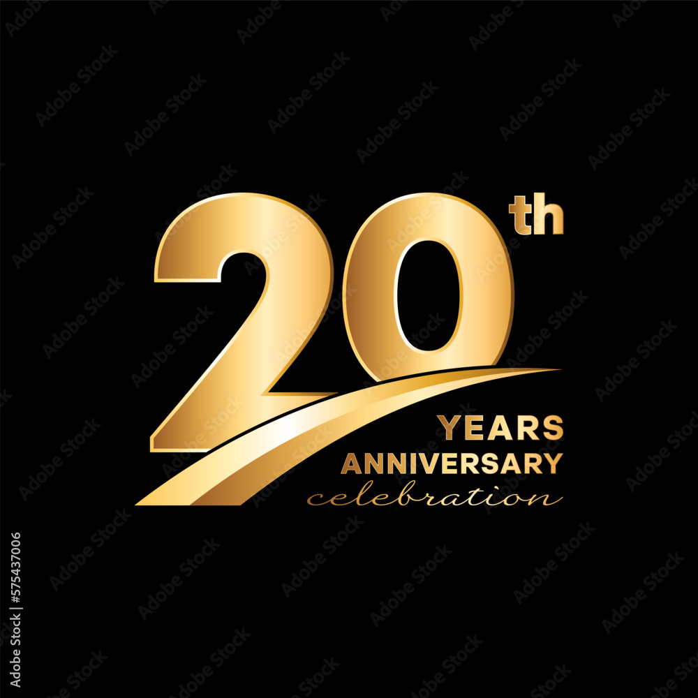 20th Anniversary logo design with golden number and text isolated on ...