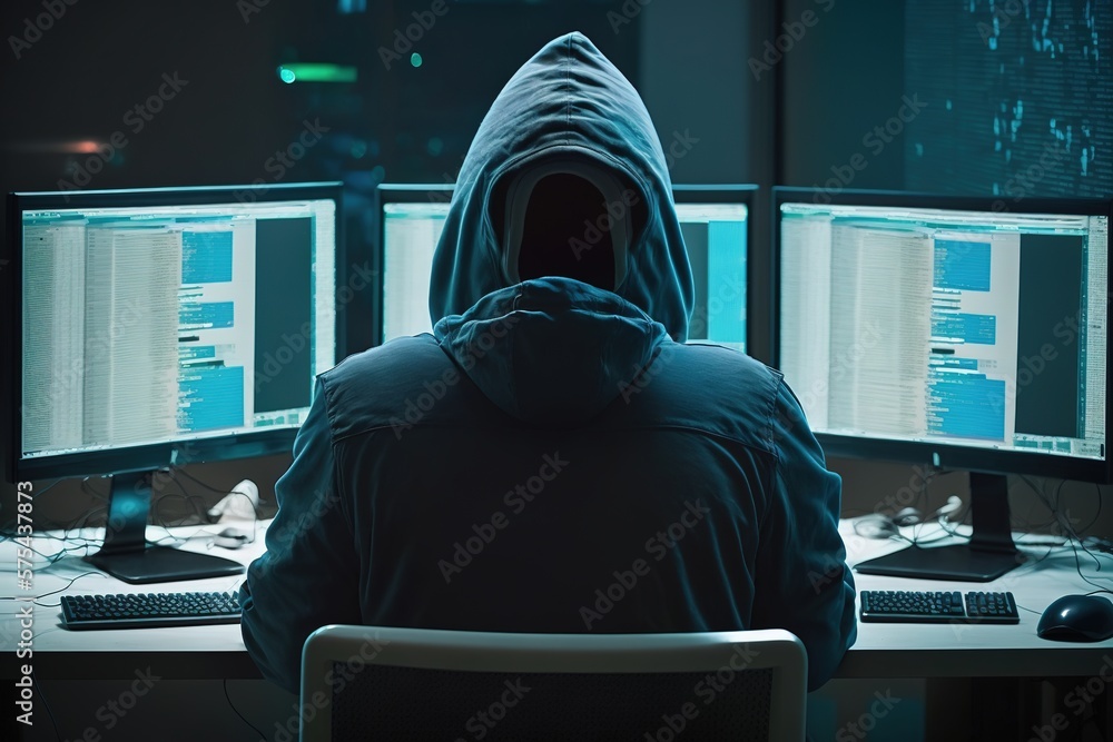 a fictional illustration of a hacker cyber criminal at work, voice ...