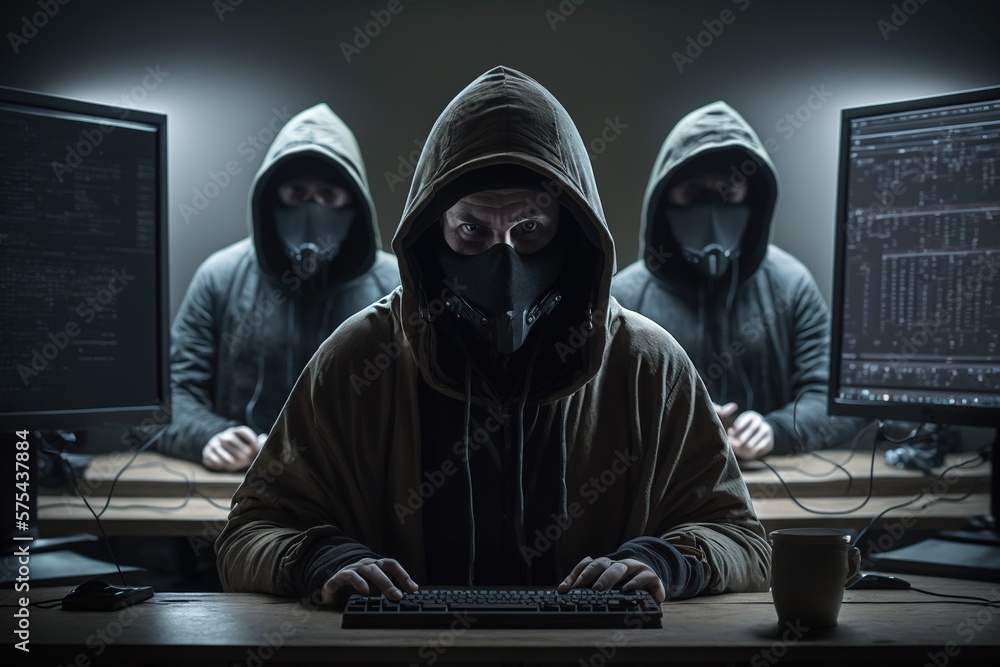a fictional illustration of a hacker cyber criminal at work, voice ...