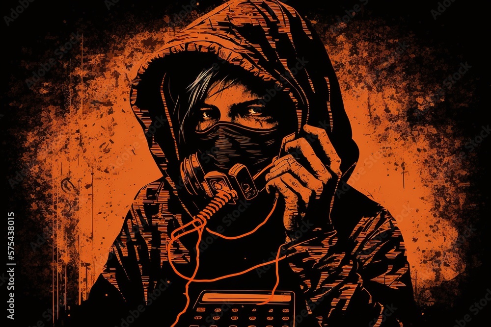 a fictional illustration of a hacker cyber criminal at work, voice ...