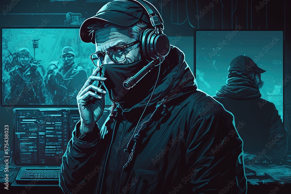 a fictional illustration of a hacker cyber criminal at work, voice ...
