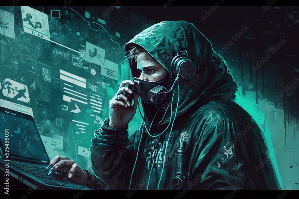 a fictional illustration of a hacker cyber criminal at work, voice ...
