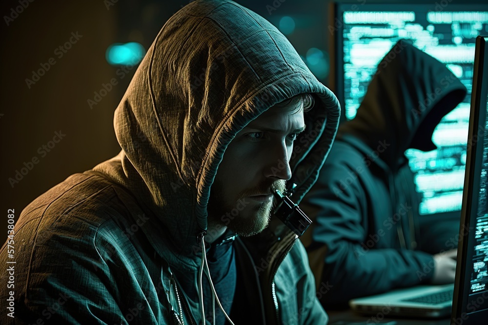 a fictional illustration of a hacker cyber criminal at work, voice ...