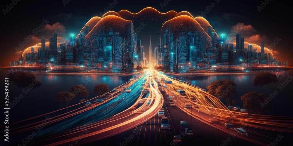 Smart Digital City Skyline with High Speed Light Trail of Cars of ...